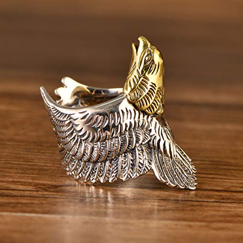Two Tone Flying Eagle Ring with Golden Head Vintage 925 Sterling Silver Hawk Ring for Men Women Open Adjustable