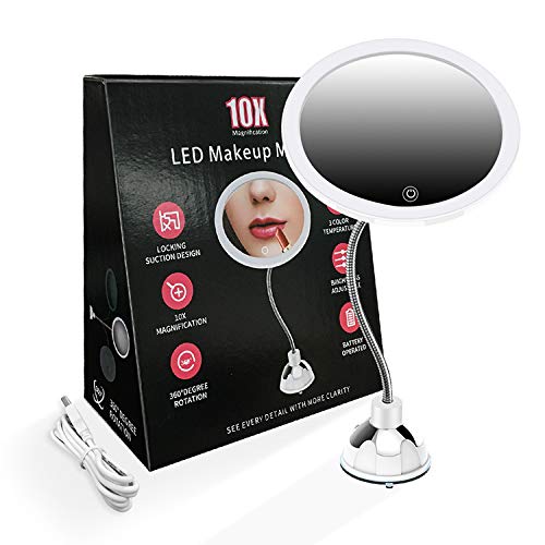 XINBAOHONG LED Lighted Makeup Mirror 10X Magnifying Vanity Mirror with 360 Degree Swivel Rotation Flexible Gooseneck and Locking Suction Cup
