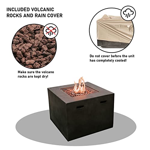 XBrand MgO & Metal 40,000 BTU Outdoor Propane Gas Smokeless Square Fire Pit Table with Volcanic Rocks & Rain Cover, 30 inch Wide, Gray