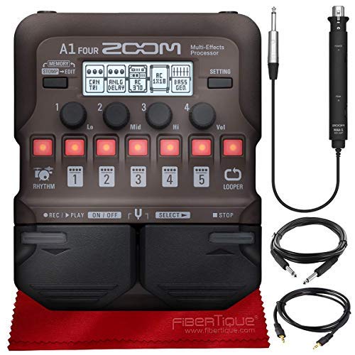 Zoom A1 FOUR Acoustic Instrument Multi-Effect Processor for Acoustic Guitar, Saxophone, Trumpet, Violin, Harmonica or Acoustic Bass + Cables & Fibertique Microfiber Cleaning Cloth