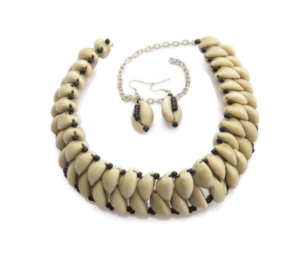 Unique Collar Choker Bib Egyptian African Beaded Natural Cowrie shells on Geman Silver Wire embellished with black glass beads | Boho Gypsy Cleopatra Afghan Kuchi Tribal Belly Dance Necklace Earrings