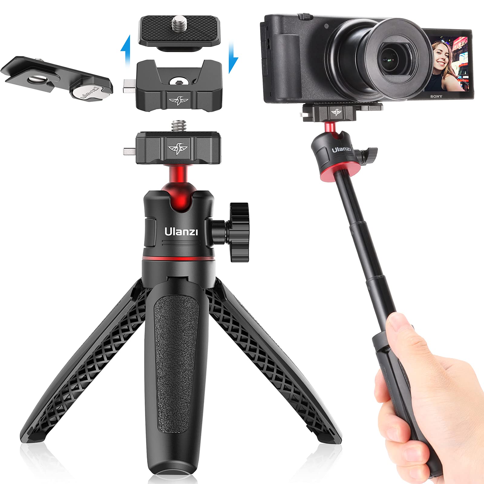ULANZI Tripod for Camera, Hummingbird Mini Tripod Stand Travel Pocket Extendable Small Portable Selfie Stick with 360° Ball Head & 1/4" Quick Release Plate for Webcam Canon Nikon Sony DSLR Camera