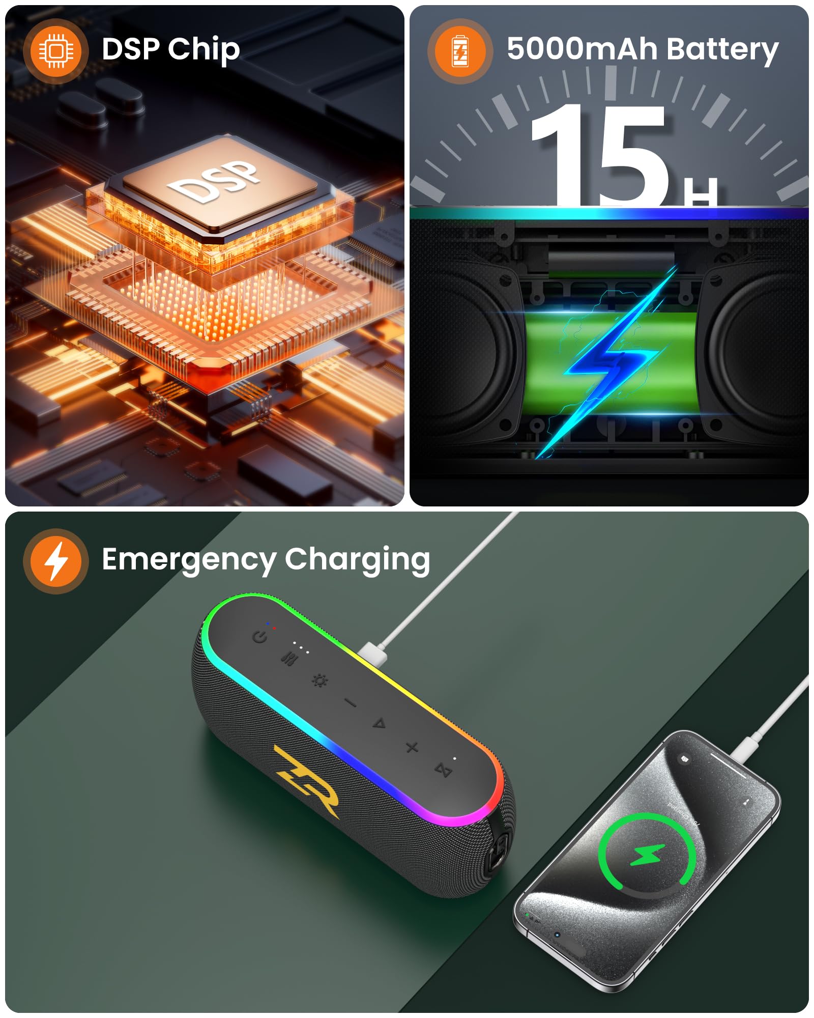 ZICOROOP Bluetooth Speaker EQ Portable Bluetooth Speaker, Upgrade 40W Large Speaker Stereo Sound, IPX6 Waterproof, Support USB/AUX Input, Built-in Mic for Home Party Outdoor