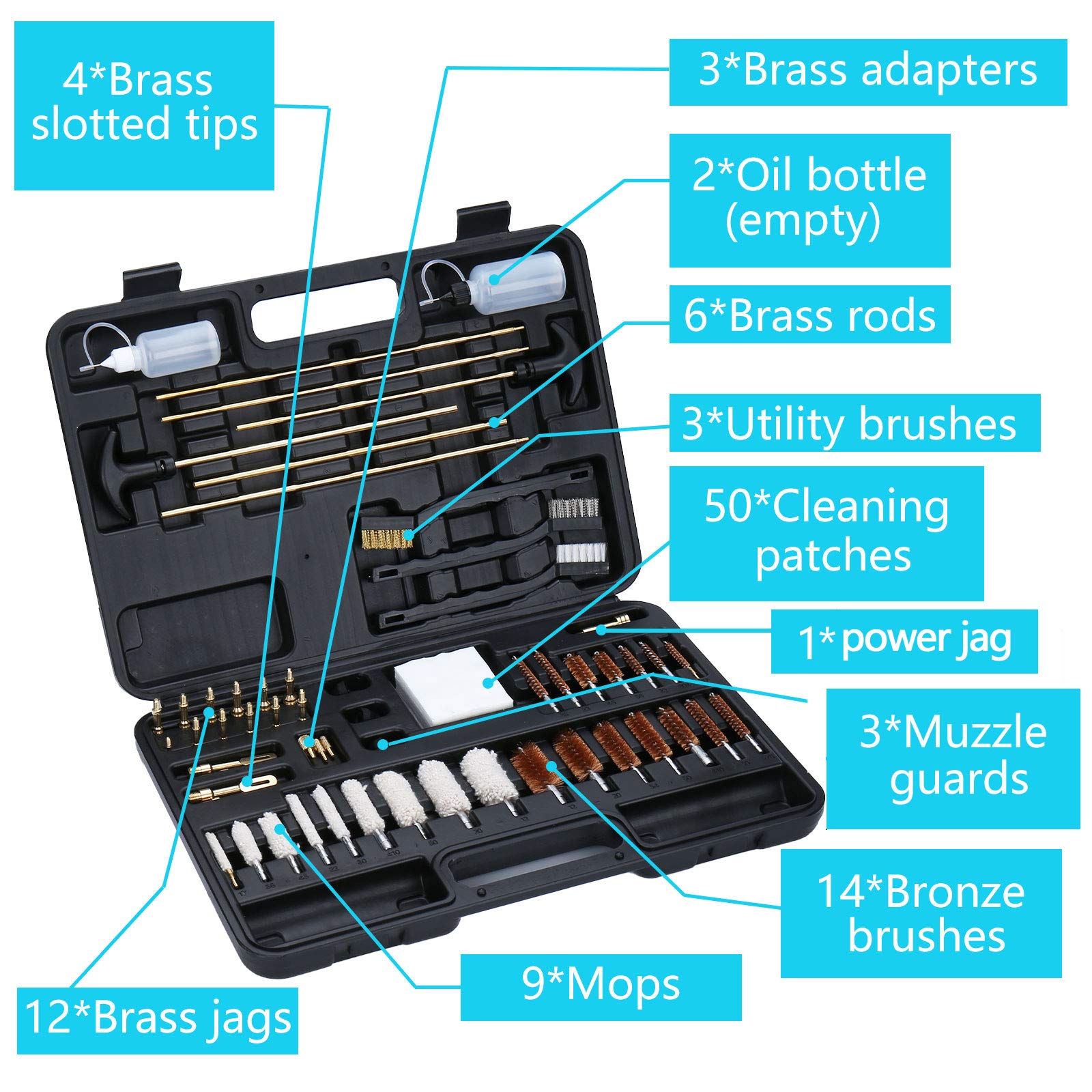 Universal Gun Cleaning Kit, Rifle Pistol Handgun Shotgun Shooting Gun Cleaning Kit Suitable for All Caliber, Cotton mop, Bronze Bore Brush, Brass Jag, Brass Slotted Tips, Nylon Brushes