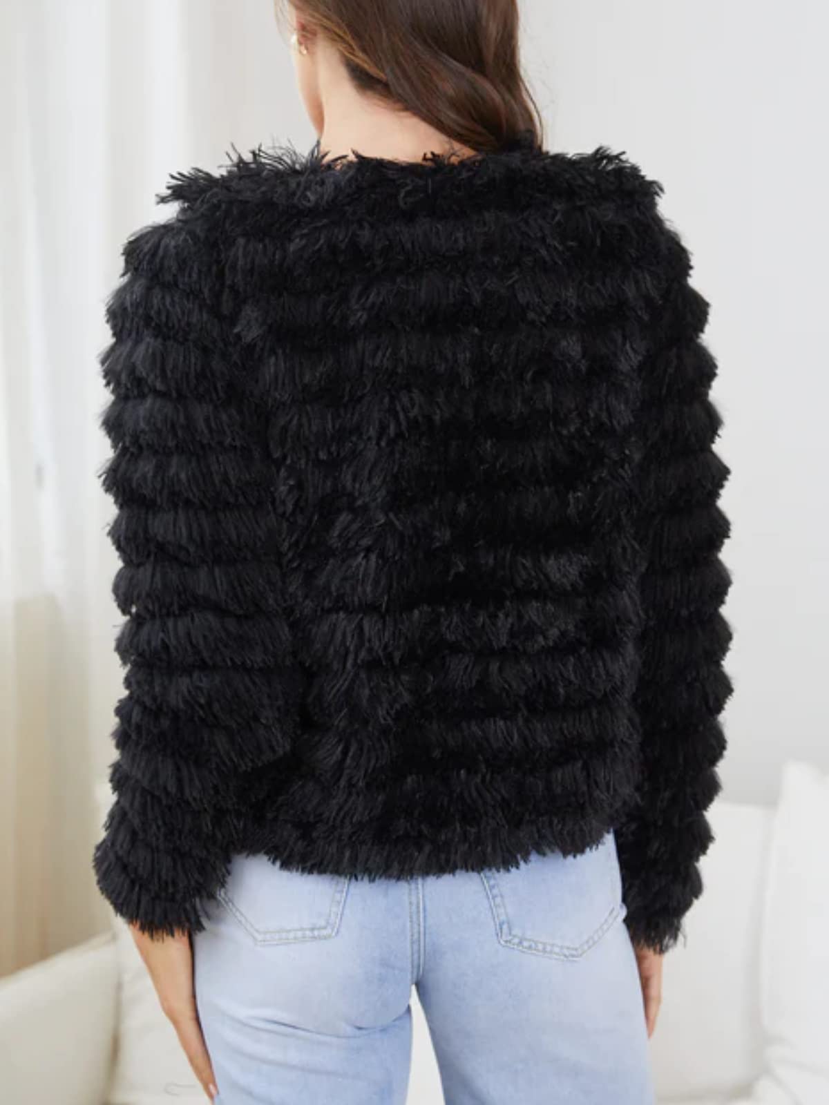 Womens Open Front Faux Fur Cardigan Vintage Parka Shaggy Jacket Coat Black X-Large