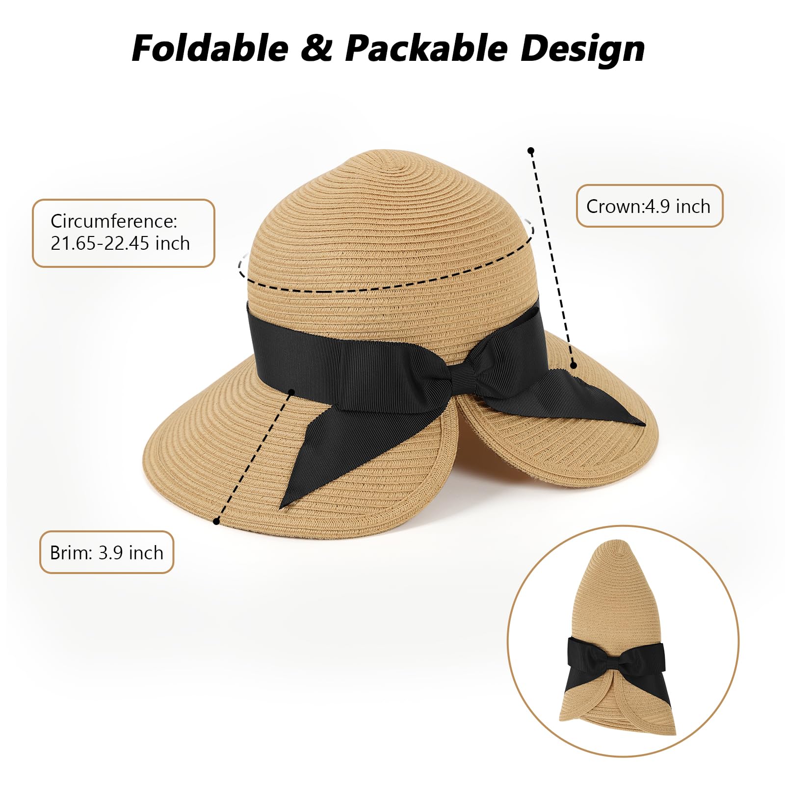 Womens Straw Hat Wide Brim Sun Hat for Women Summer Packable & Foldable Beach Straw Hat, UPF 50+, Adjustable Strap, Lightweight Brown
