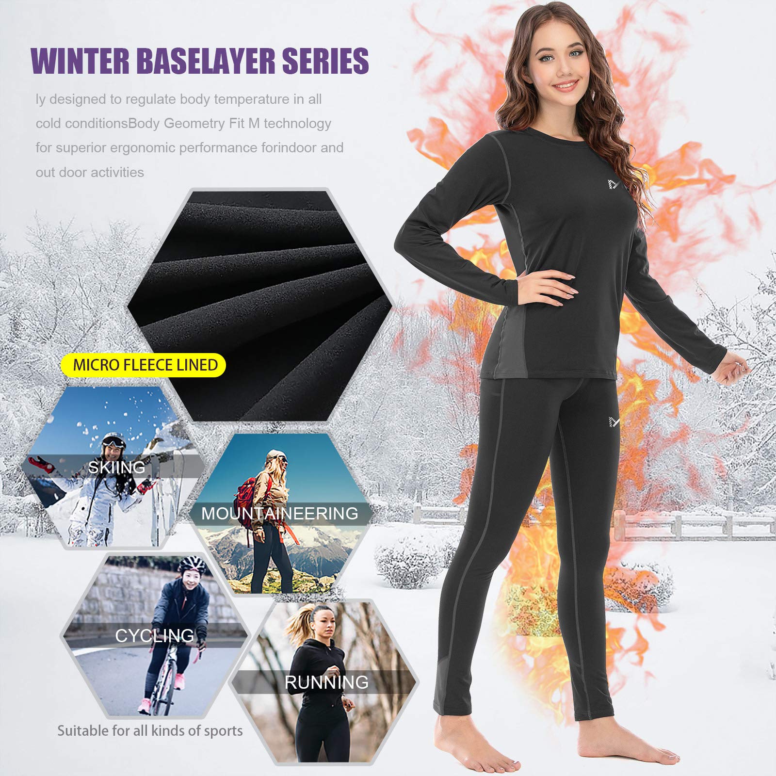 Women's Winter Underwear Set, Sport Thermal Long Johns Base Layer, Outdoor Compression Gear Top & Bottom for Skiing Running (Grey, XX-Large)