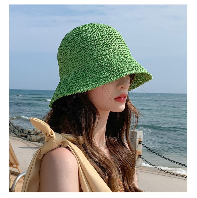 Womens Straw Sun Hat Woven Bucket Hat Fishing Hat Beach Hat Foldable Cap Solid Color Straw Beach Hat Summer