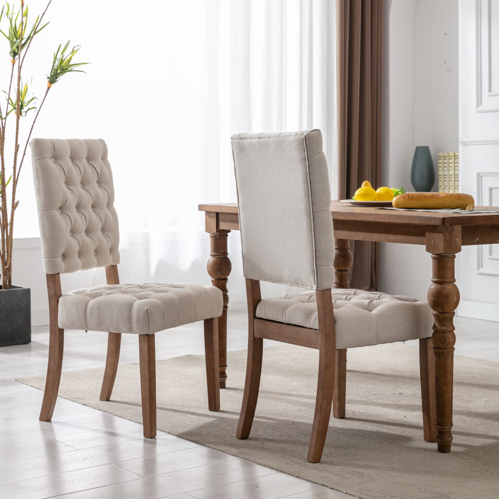 Ya-Home Modern Dining Chairs Set of 4, Linen Comfy Tufted Side Chairs with Wooden Legs, Upholstered Armless Dining Room Chairs with High Back for Living Room Kitchen, Beige
