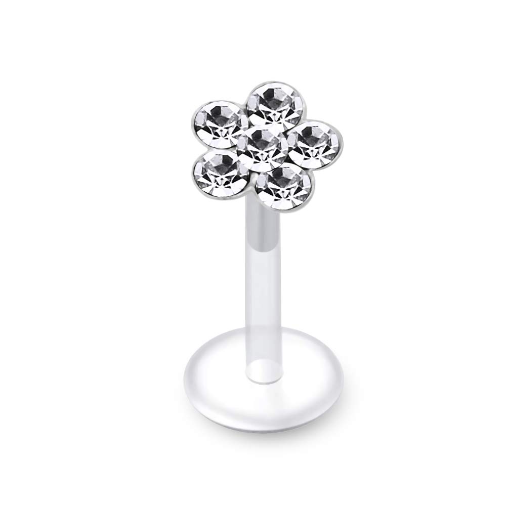White Crystal Stone Flower Silver Push-Fit Top with 16Gauge(1.2MM) - 10MM Clear UV BioFex Labret Tragus Bars