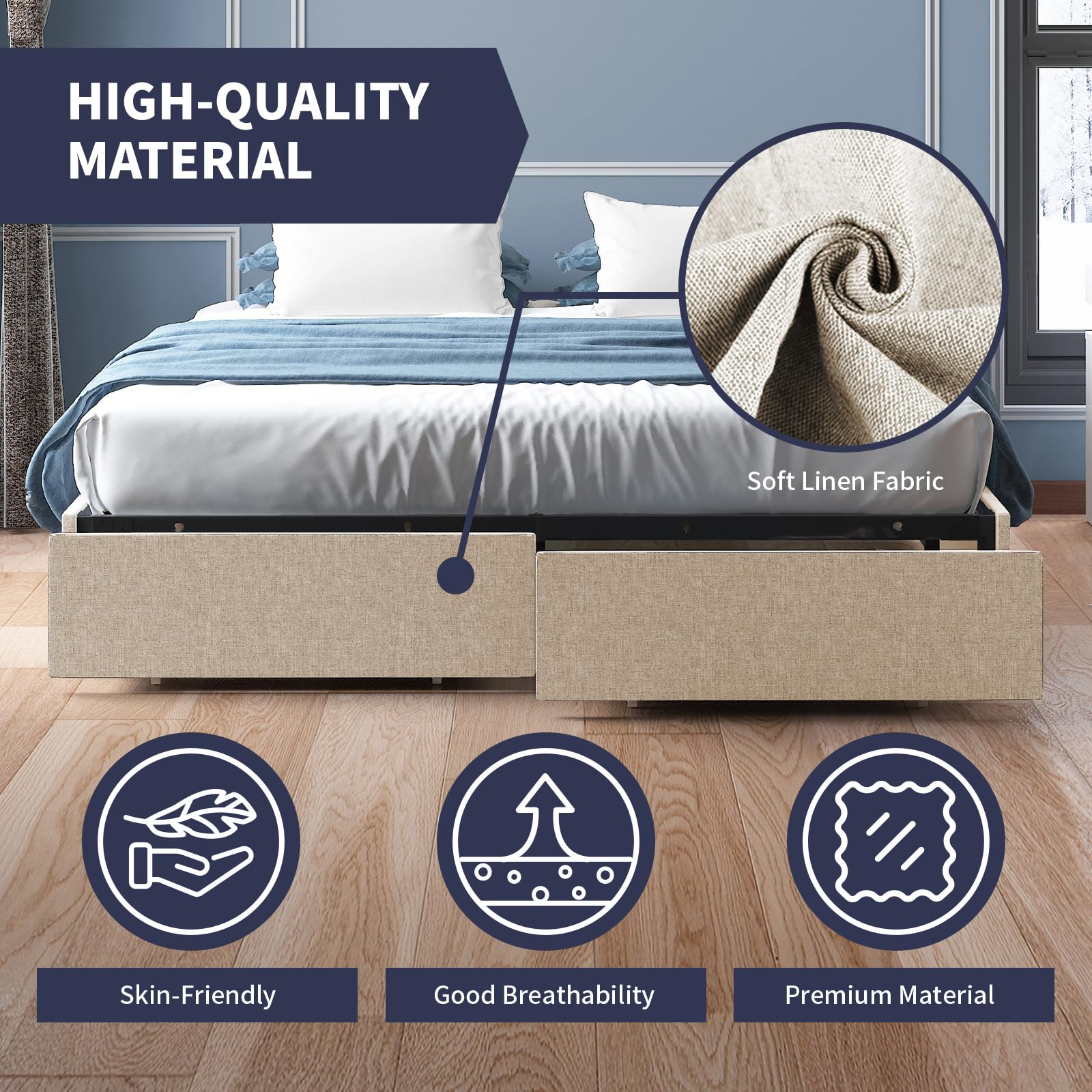 ZAFLY Cal King Size Bed Frame with Storage Drawers, Wood Slat Support Bed Frame, Linen Fabric Upholstered Platform Bed, Bed Frame with Large Storage Space Beige