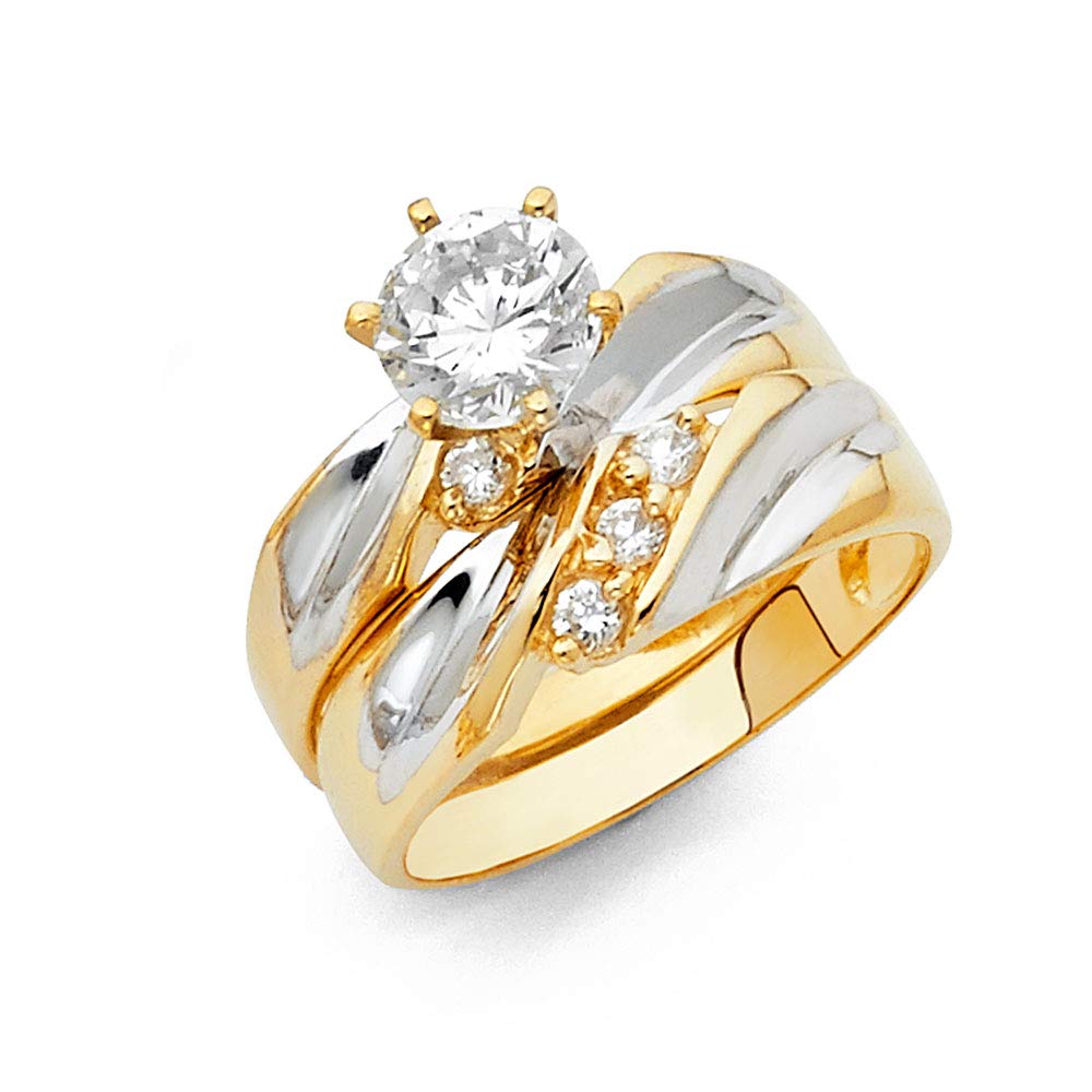 Wellingsale Ladies Solid 14k Two 2 Tone White and Yellow Gold Polished CZ Cubic Zirconia Round Cut Engagement Ring and Wedding Band Bridal Set - Size 6
