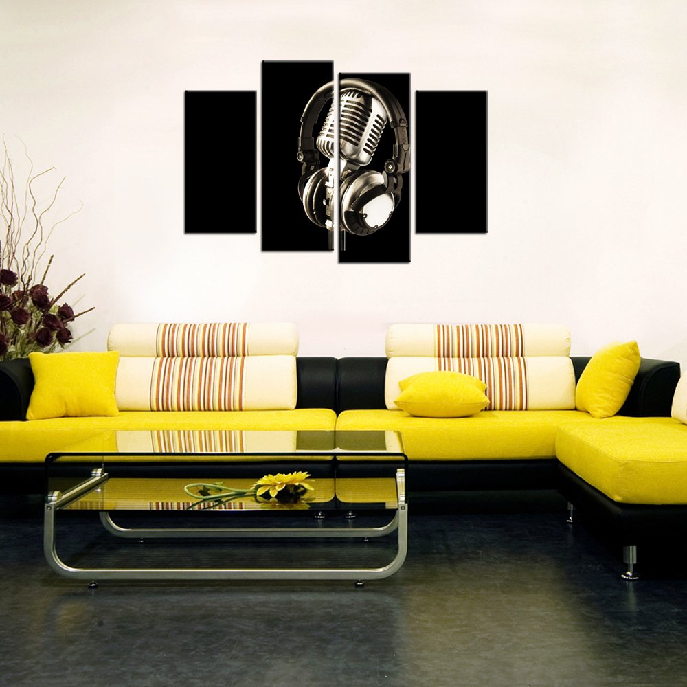 VVOVV Wall Decor Microphone Music Picture Canvas Print Headphone Canvas Wall Art Black and White Musical Painting Contemporary Music Room Decorations Framed Canvas Artwork Large 4 Panels