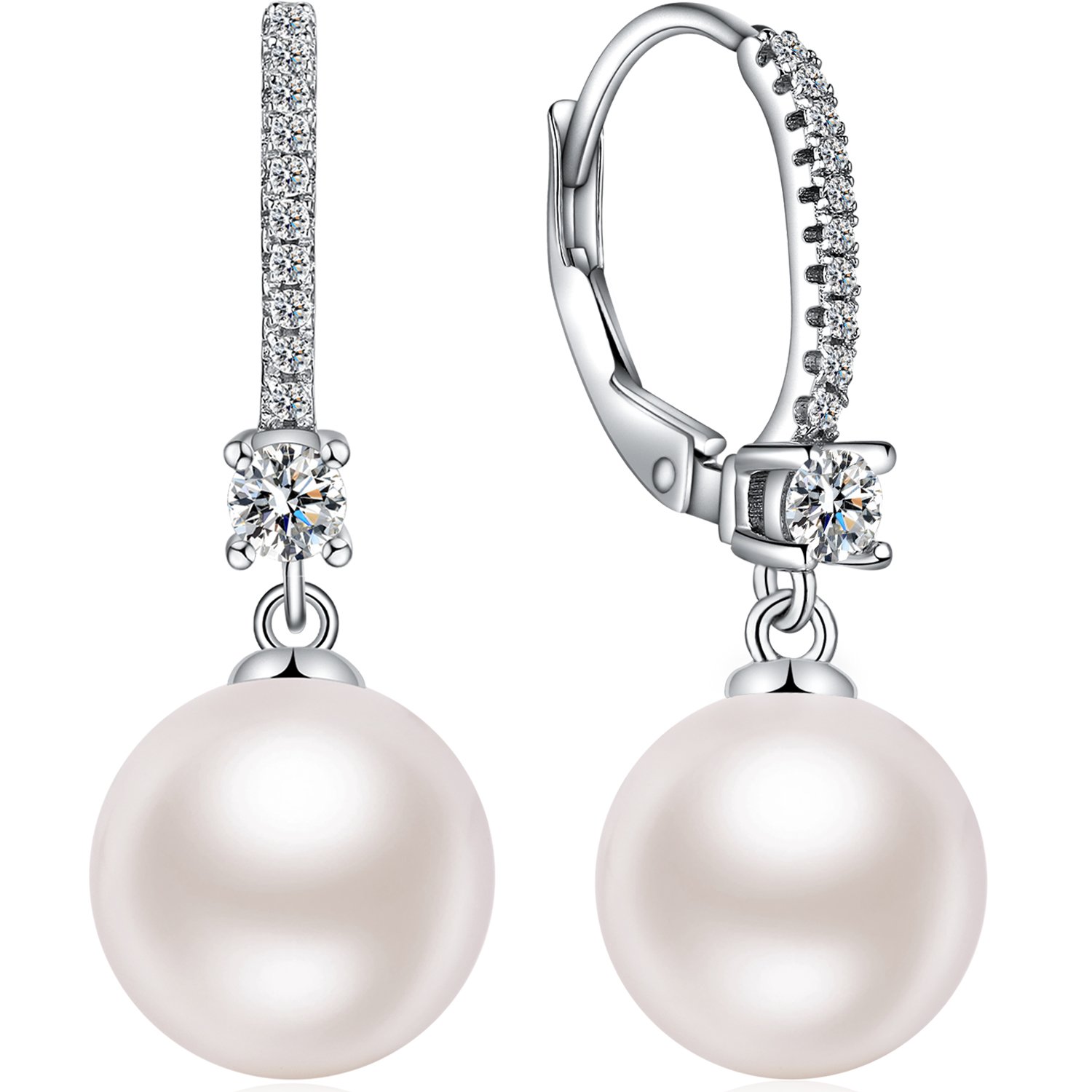 ZowBinBin 925 Sterling Silver 10mm Pearl Earrings, Beautiful Black Pearl Earrings, White Pearl Dangle Earrings Hypoallergenic Drop Pearl Earrings C: Pearl Dangle Earrings 8mm