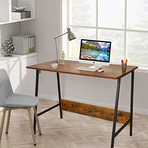 WEWILL Computer Desk Writing Study Table for Home Office,PC Notebook Writing Table with Stable Trapezoidal Metal Structure Modern Student Desk with Two Hooks,Easy to Install,Rustic Brown