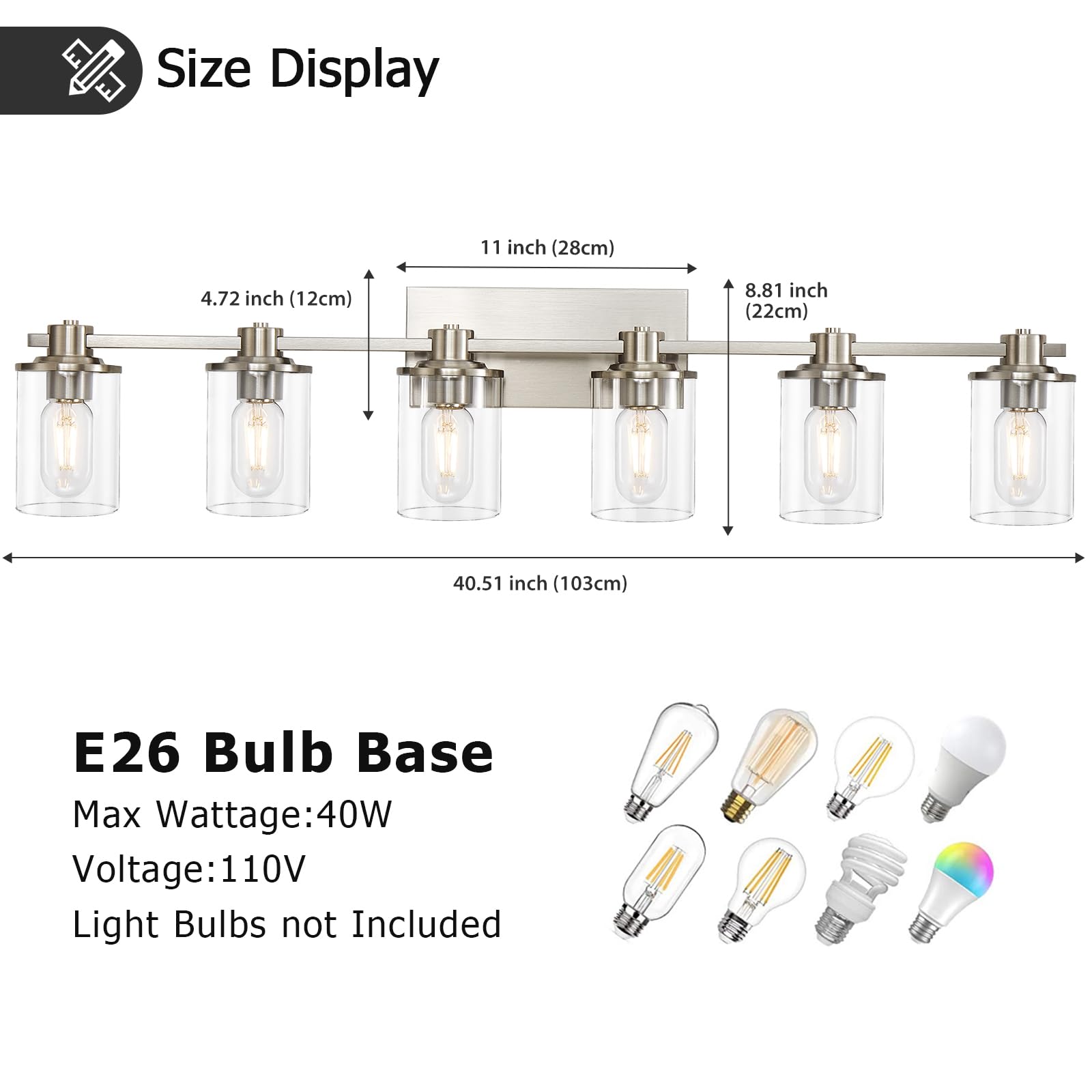 XGFOURSEVEN Brushed Nickel Bathroom Vanity Light, 6-Light Bathroom Light Fixtures with Clear Glass Shade, Nickel Wall Sconce for Bathroom Lighting (Brushed Nickel, 6 Light)