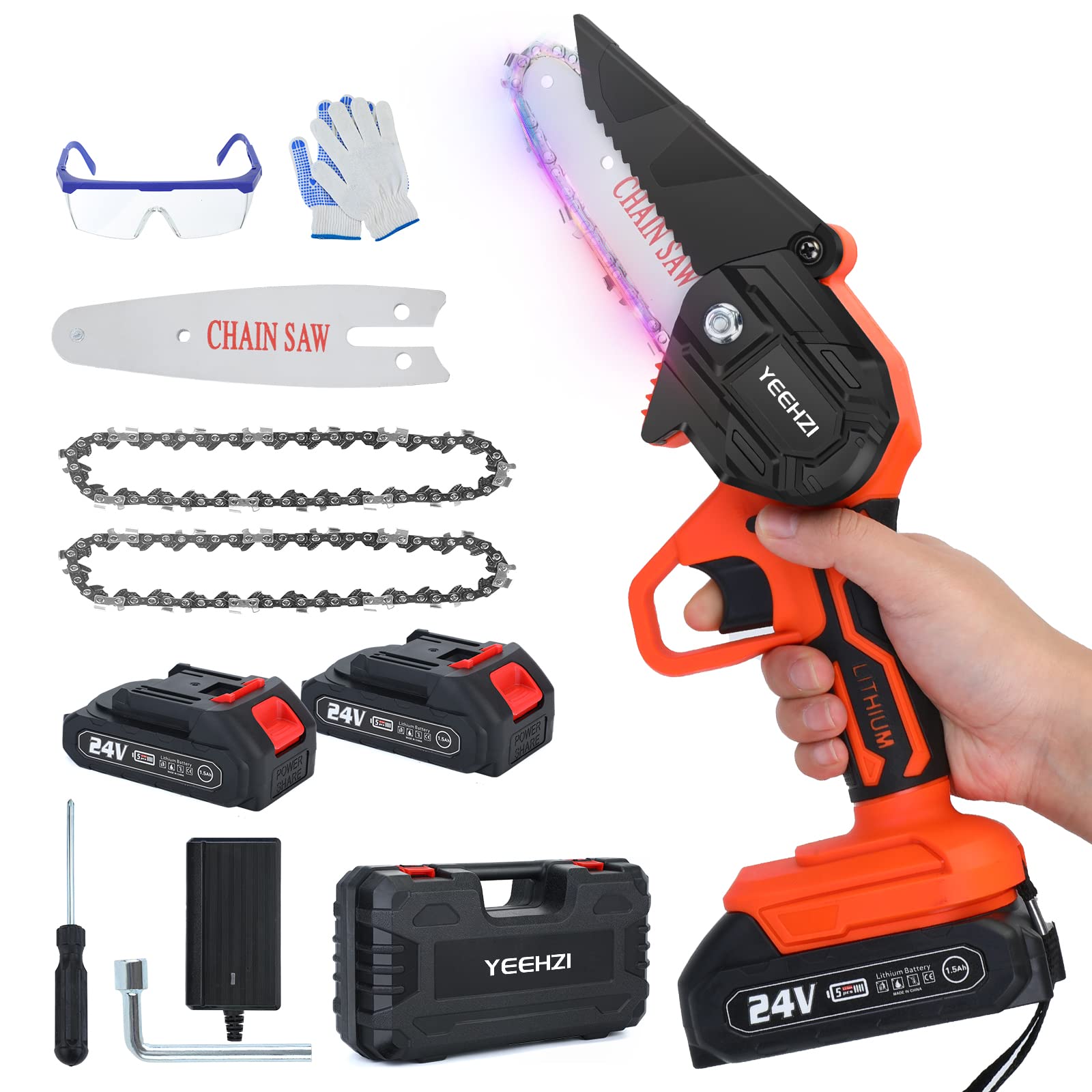 YEEHZI Mini Chainsaw 4 Inch Upgrade Electric Chainsaw Cordless Mini Chainsaw Battery Powered with DC21V 2.4lb Chainsawavailable power chain saws for Trimming Wood Cutting Branch