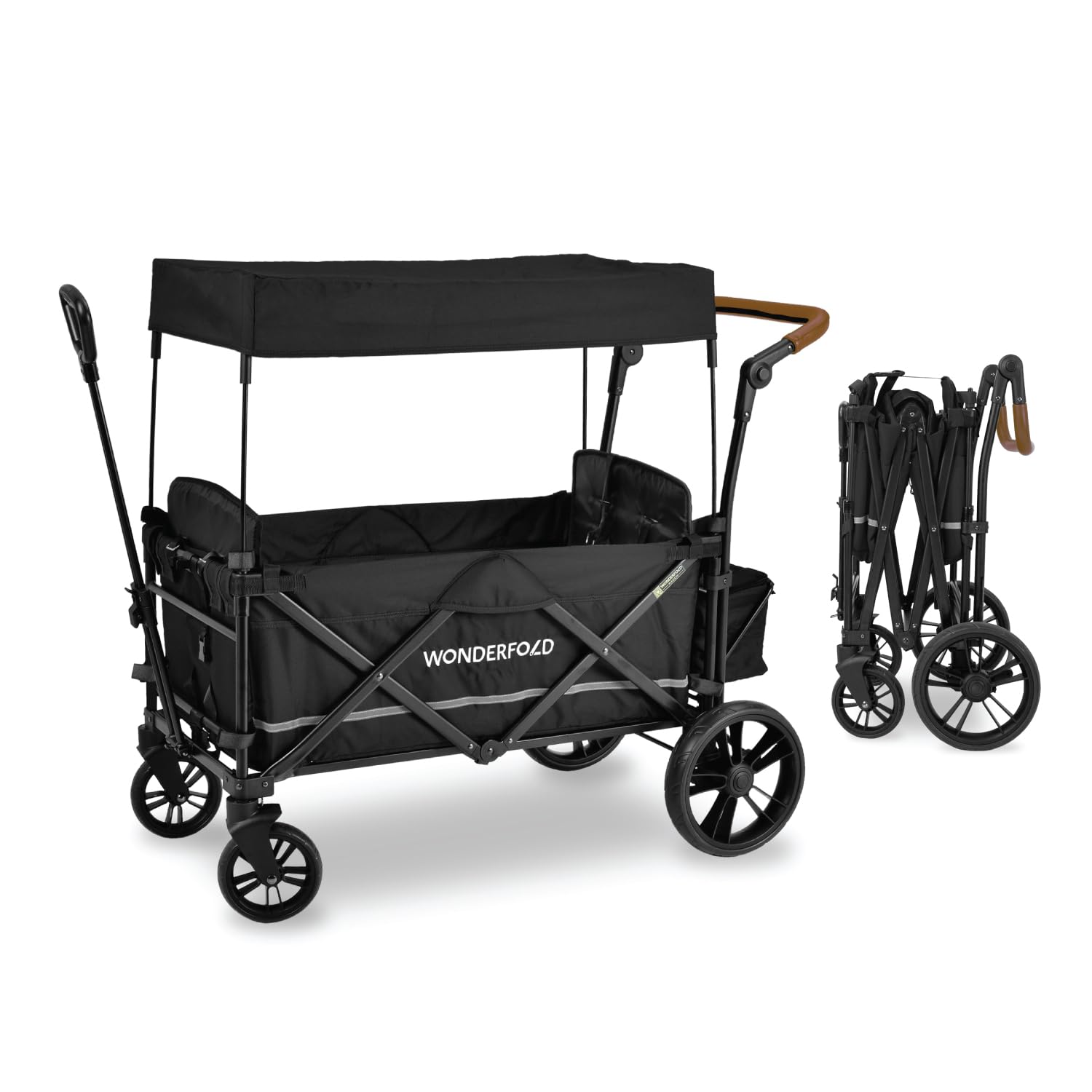 WONDERFOLD X2 Push & Pull Double Stroller Wagon (2 Seater) - Collapsible Wagon Stroller with 5-Point Seatbelt Harnesses, Push & Pull Handles, & Removable Sun Canopy, Black