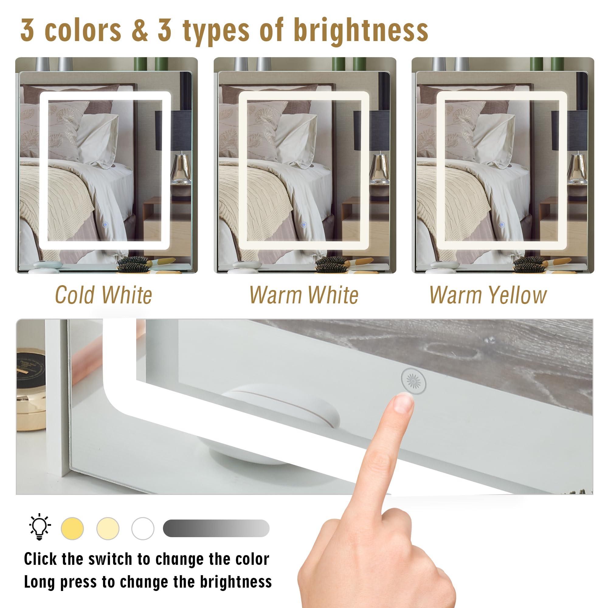 White Vanity Desk with Mirror and Lights, Vanity Table with LED Lighted Mirror, 6 Drawers Large Makeup Table with Lots Storage, Bedroom Sets Vanity Mirror with Lights Desk and Chair