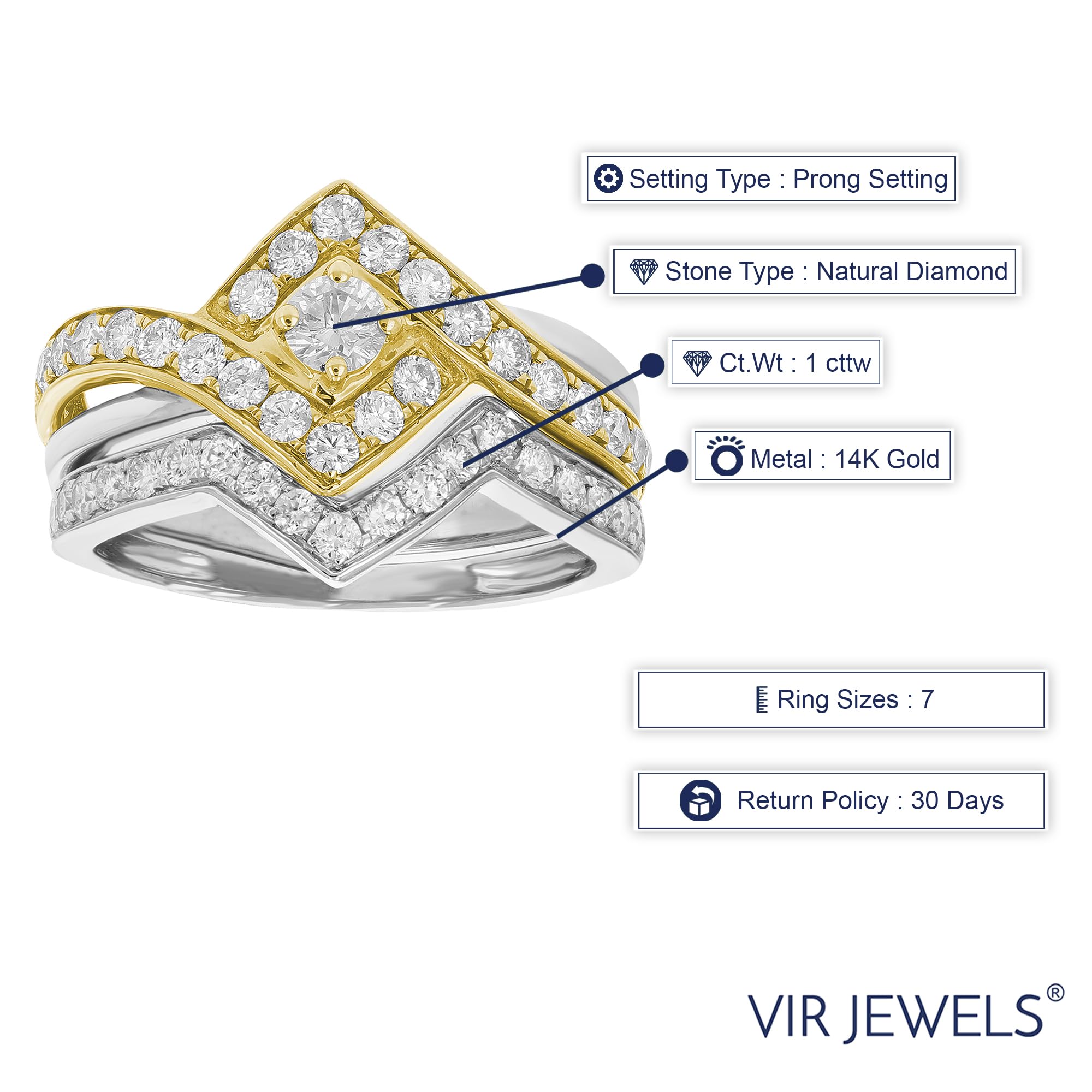 Vir Jewels 1 cttw Diamond Wedding Engagement Ring Set 14K Two Tone Gold Princess Halo Style Size 6