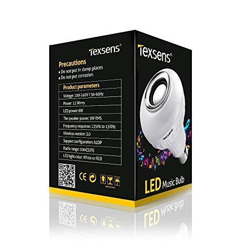 Texsens Bluetooth Smart Light Bulb Speaker Generation II with Updated Remote Control - New Function of Light Flashing as Music Goes
