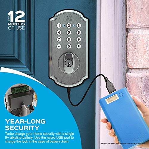 TURBOLOCK TL115 Smart Lock with Keypad and Voice Prompts | Digital Deadbolt w/App for Unlimited eKeys | Code Disguise, Backup Keys + Micro-USB Port β Ready for Thicker Doors (IP65) (Brushed Nickel)