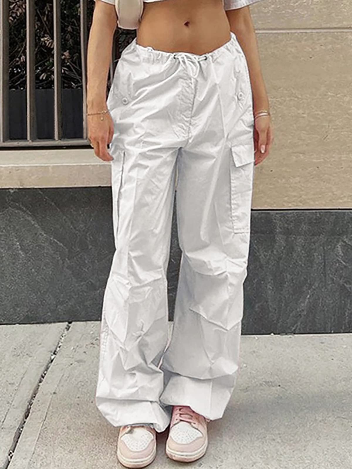 Xineicy Parachute Pants for Women Drawstring Baggy Cargo Pants Y2K Trouser Low Rised Jogger Sweatpants Loose Hip Hop A White