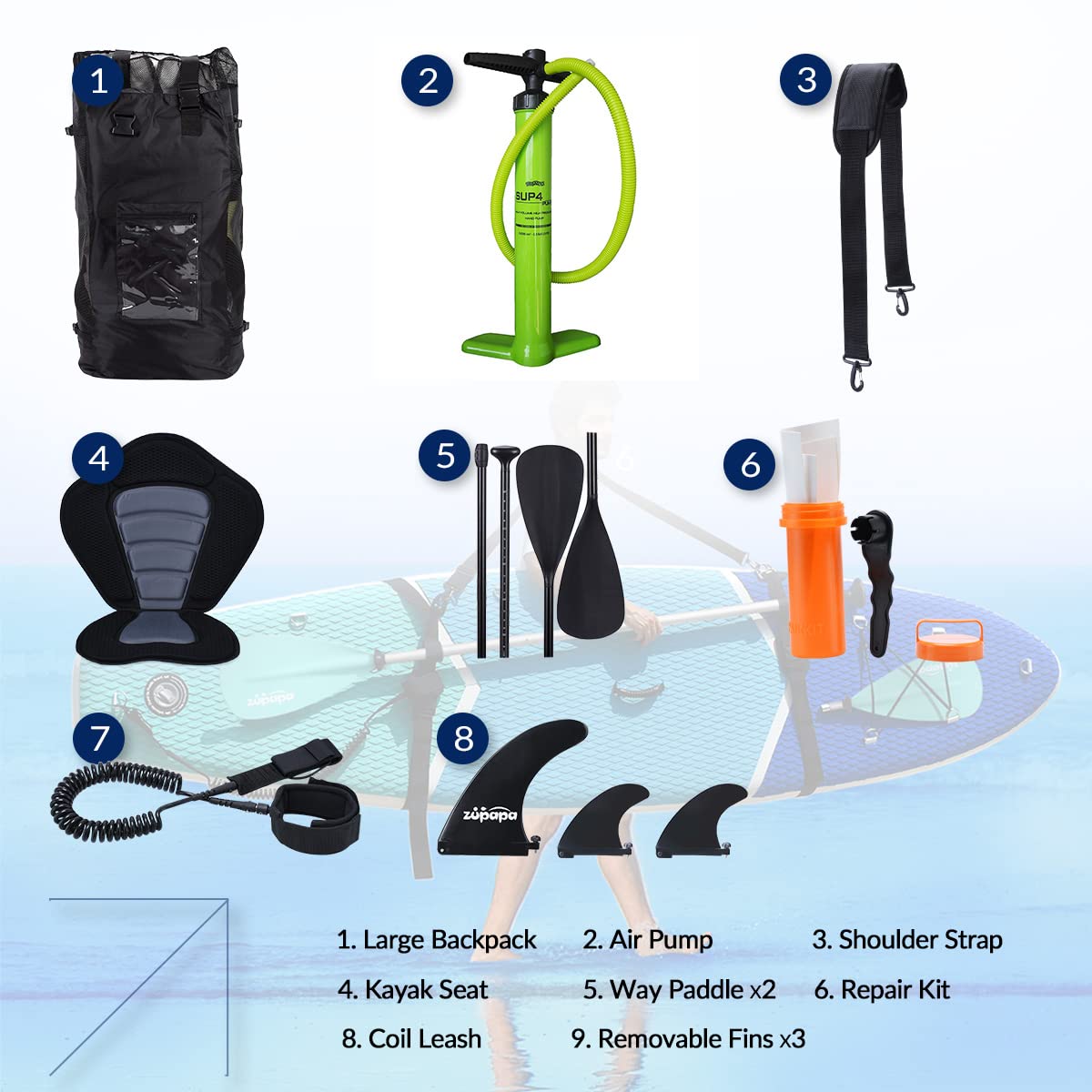 Zupapa Inflatable Stand Up Paddleboard with SUP Accessories, Non-Slip Deck - Perfect for Adults, Kids, and Dogs