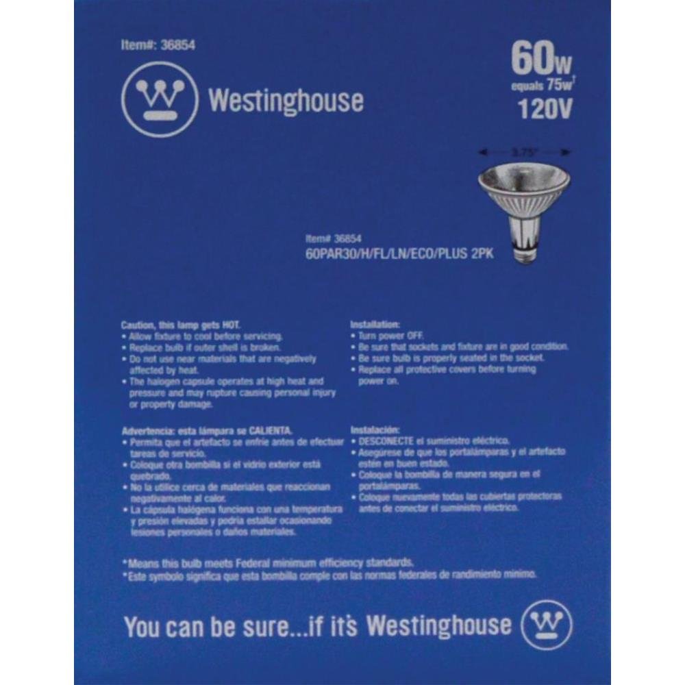 Westinghouse 3685400 60 Watt PAR20 Eco-PAR Plus Long Neck Halogen Flood Reflector Clear Light Bulb with, 2 Count (Pack of 1)