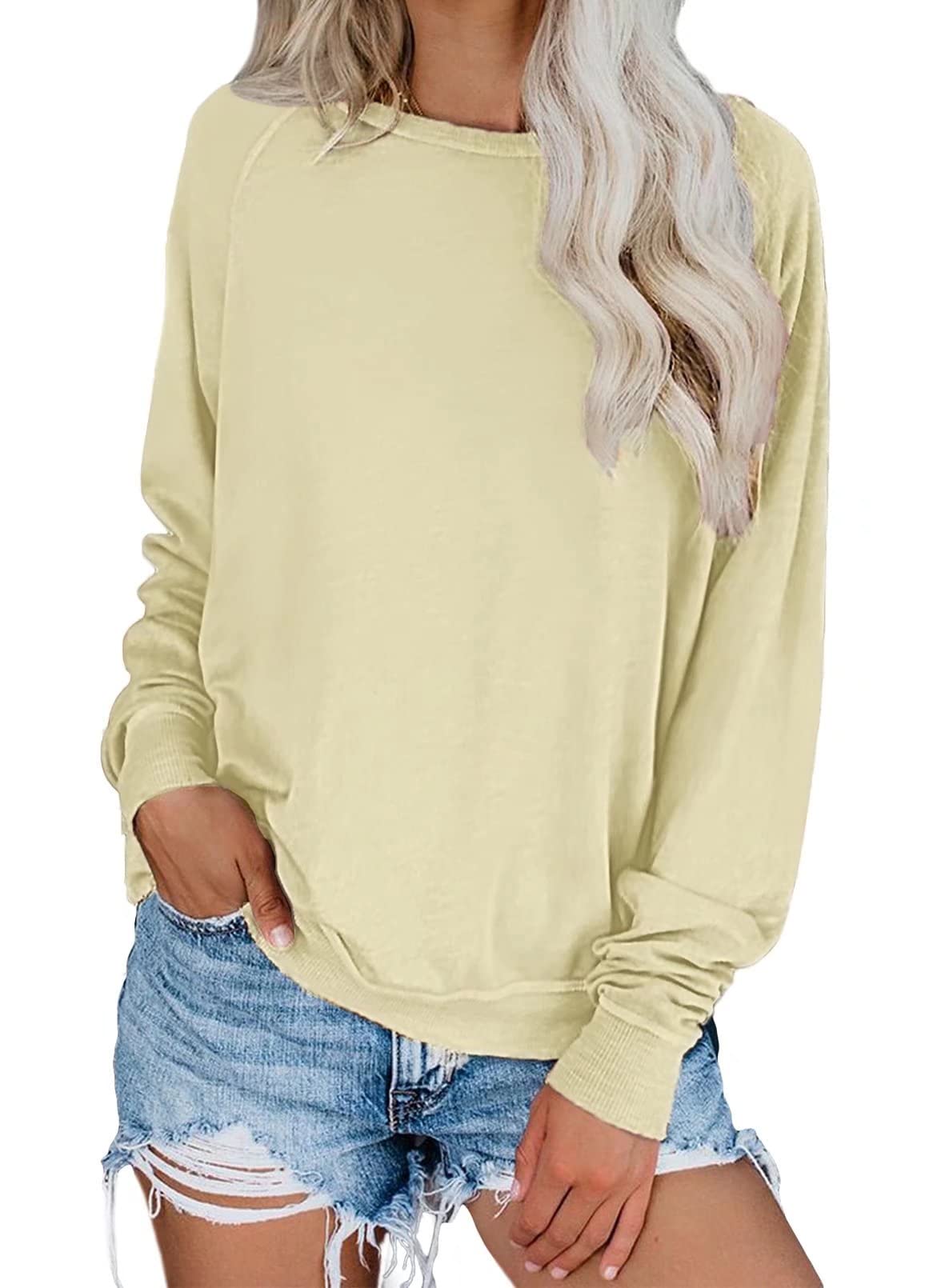 Zecilbo Womens Long Sleeve Crew Neck Sweatshirt Casual Solid Color Pullover