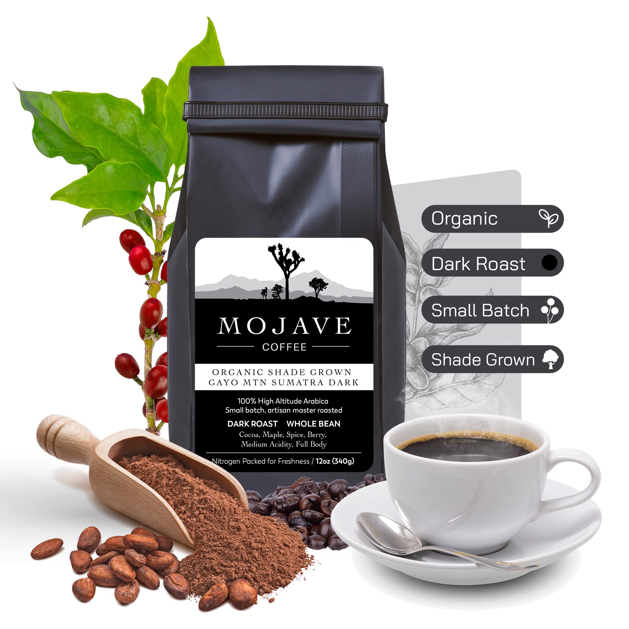 USDA Organic, Single-Origin, Shade-Grown Gayo Mountain Sumatra Coffee, Whole Bean, Medium Roast, from High-Altitude Grown Arabica, Small-Batch, Fresh Roasted 12oz Coffee Bag - Mojave Coffee