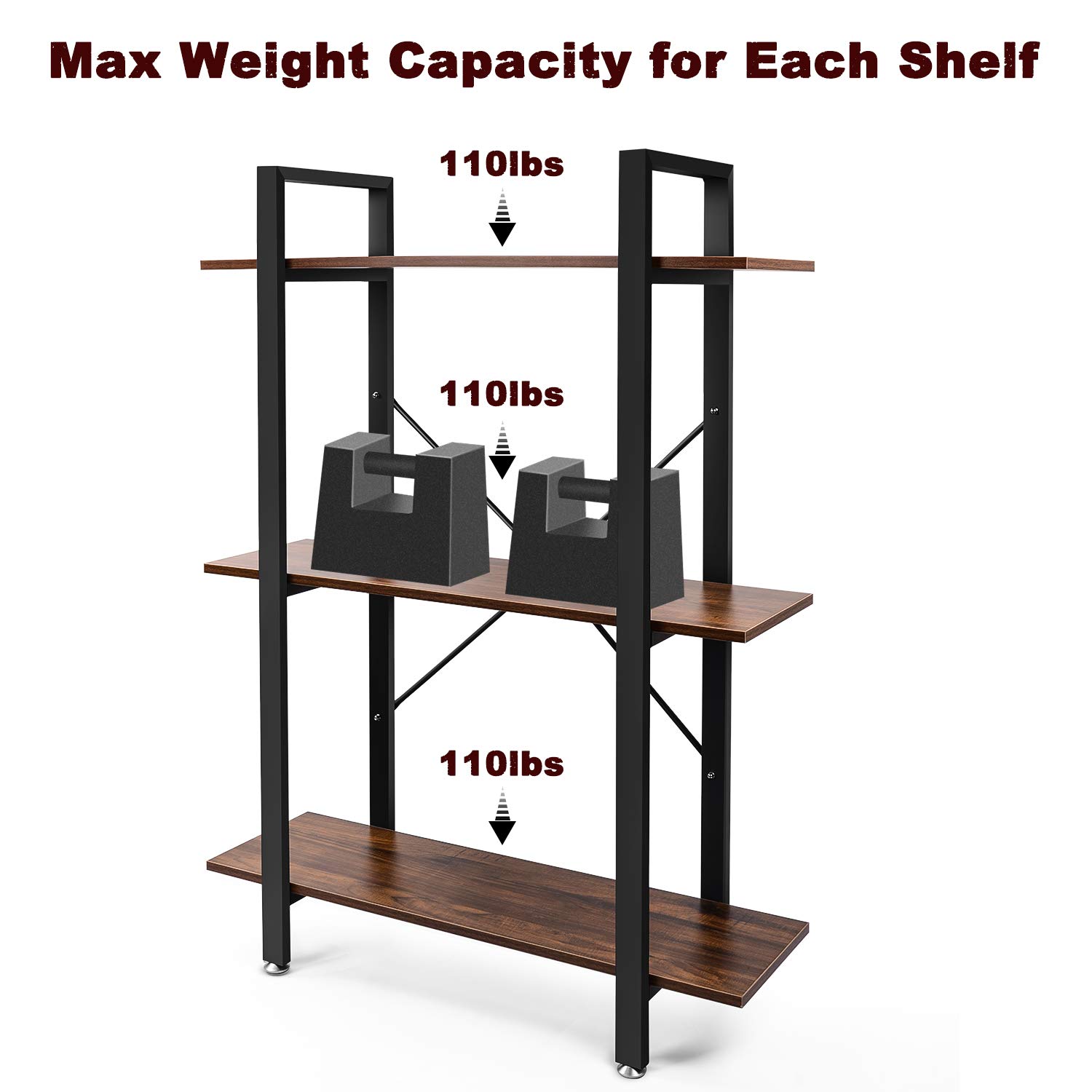 Yesker 3 Tier Bookshelf, Industrial Style Bookcase with Wood and Metal Frame, Open Storage Bookshelf for Home Office, Vintage Brown