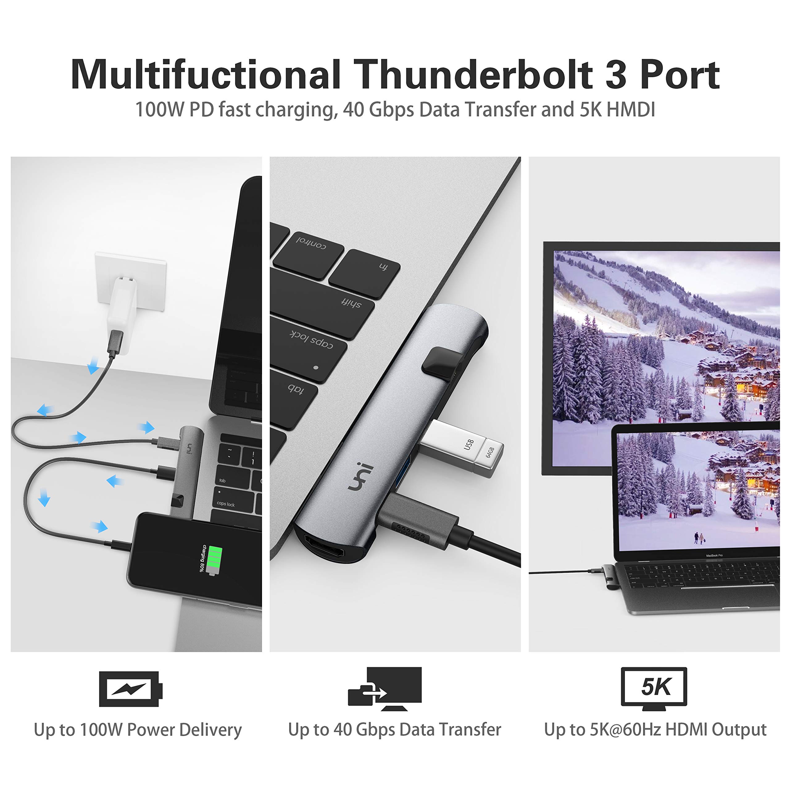USB C to HDMI Adapter for MacBook Pro, uni 5 in 2 USB C Hub with Dual 4K HDMI, 100W PD, 2 USB 3.0, 10/100/1000 Gigabit Ethernet LAN Network for MacBook Pro 2020/2019-2016, MacBook Air 2020-2018