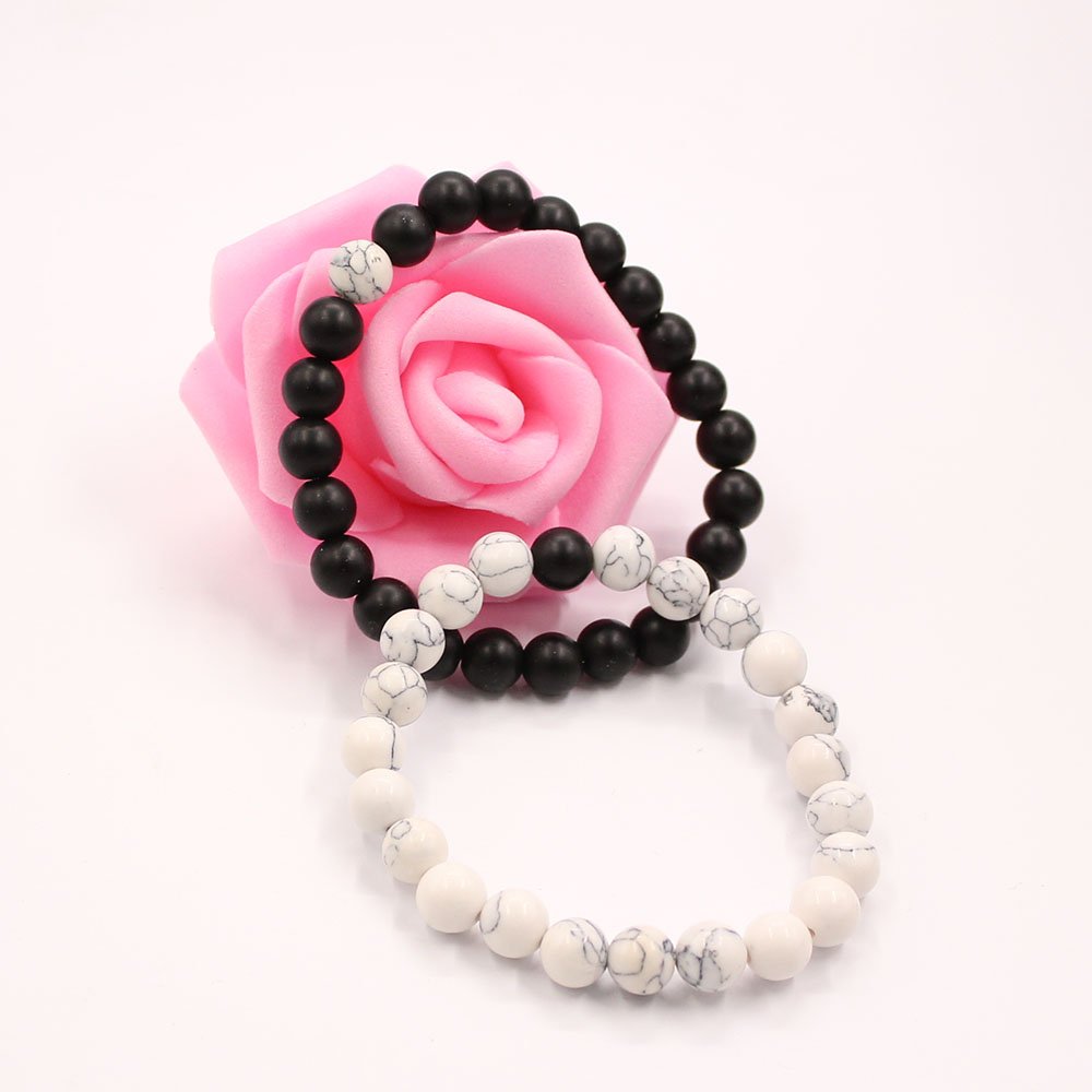 UEUC Distance Couple Bracelet His and Hers Black Matte Agate & White Stone 8mm Beads Bracelet