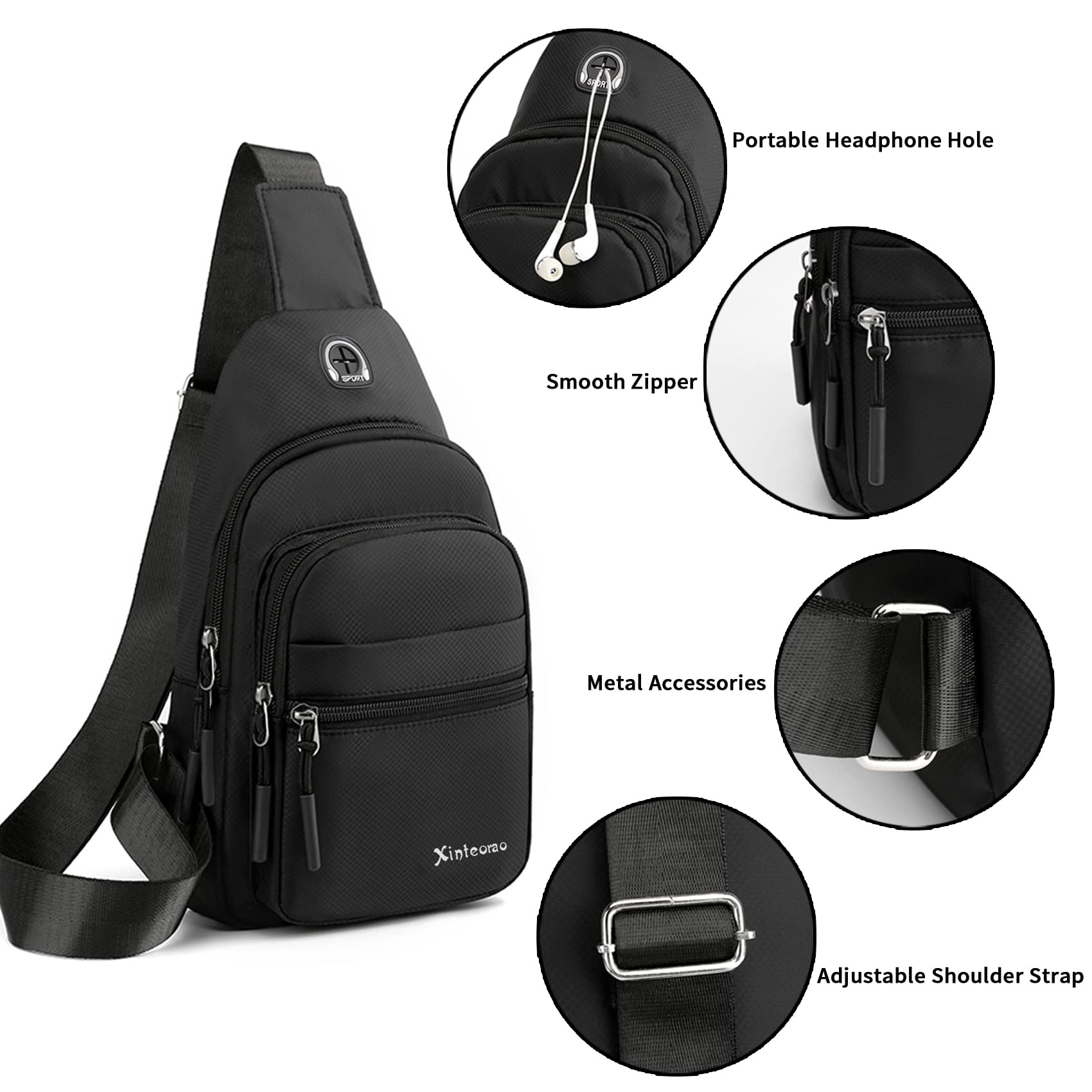 Xinteorao Sling Bag for Women Men Chest Bag One Strap Shoulder Crossbody Sling Backpack for Travel Running Hiking Black