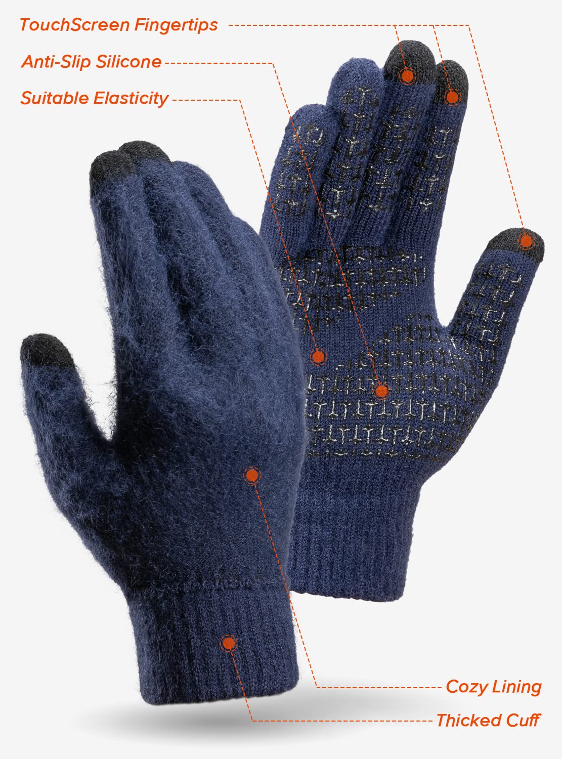 TRENDOUX Touchscreen Gloves, Winter Gloves for Men Women Unisex - Texting Riding Running Computer Non-slip Grip Elastic Cuff Nap Lining Stretchy Material Cold Hand Typing - Navy - L