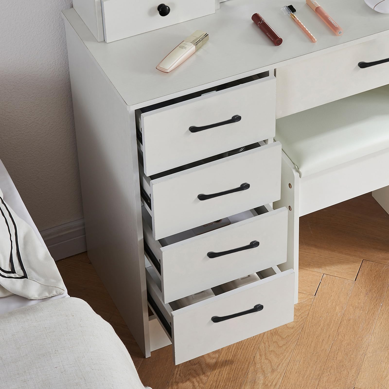YAMISSI Makeup Vanity with Lights and 6 Drawers, Modern White Vanity Desk with Sliding Mirror and 6 Display Shelves for Girls, Dressing Table Touch Screen for Bedroom