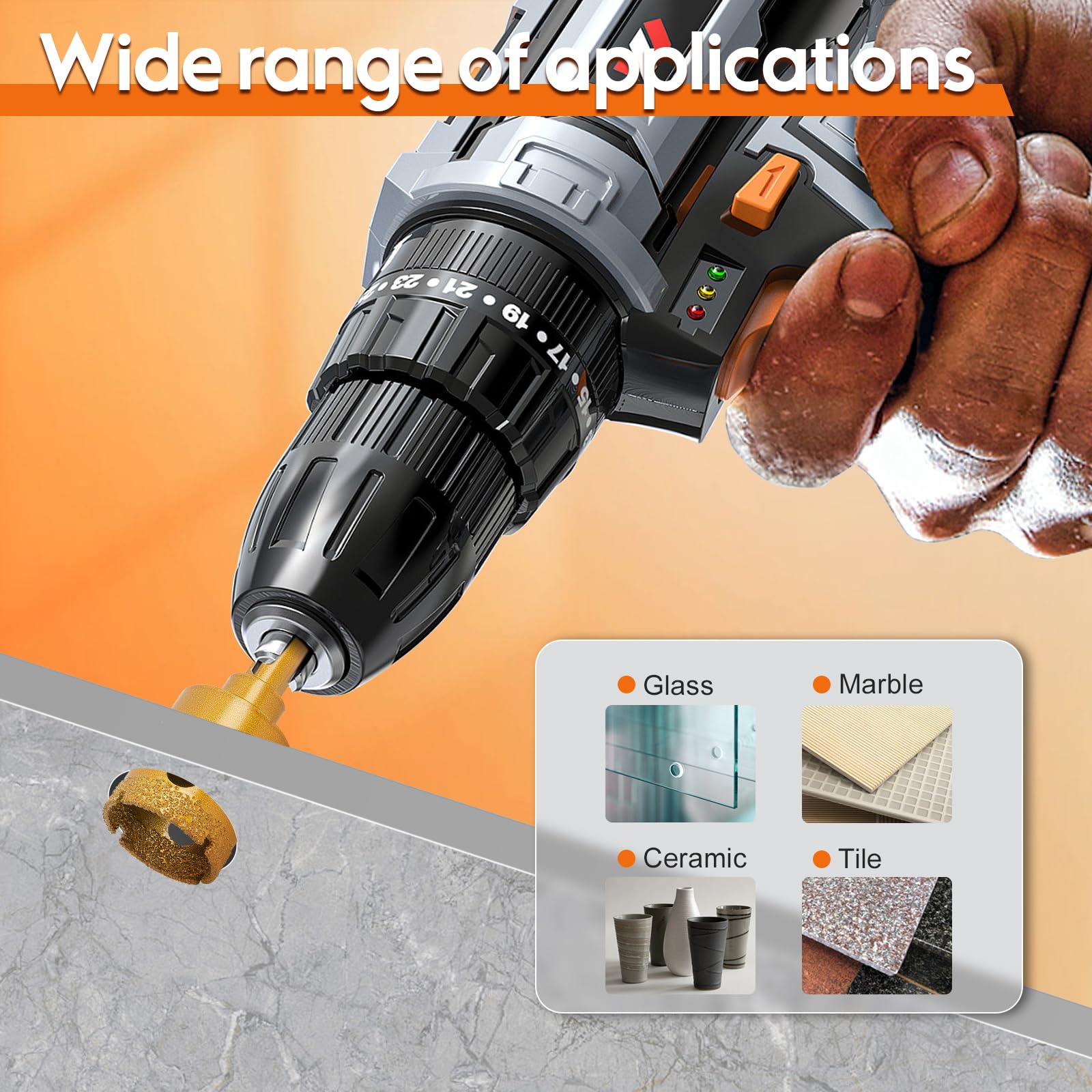 THINKWORK Diamond Drill Bits, Dry/Wet Brazing Hollow Drill Hole Saw Kit, 12 PCS Tile Opener (1/4"-2”) with Double Suction Cups Hole Saw Guide Jig, Suitable for Glass, Ceramic, Tile, Marble, Porcelain