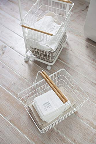Yamazaki Home Laundry Basket Wagon-Large Storage Hamper Organizer | Steel + Wood | Short | Rolling Carts, White