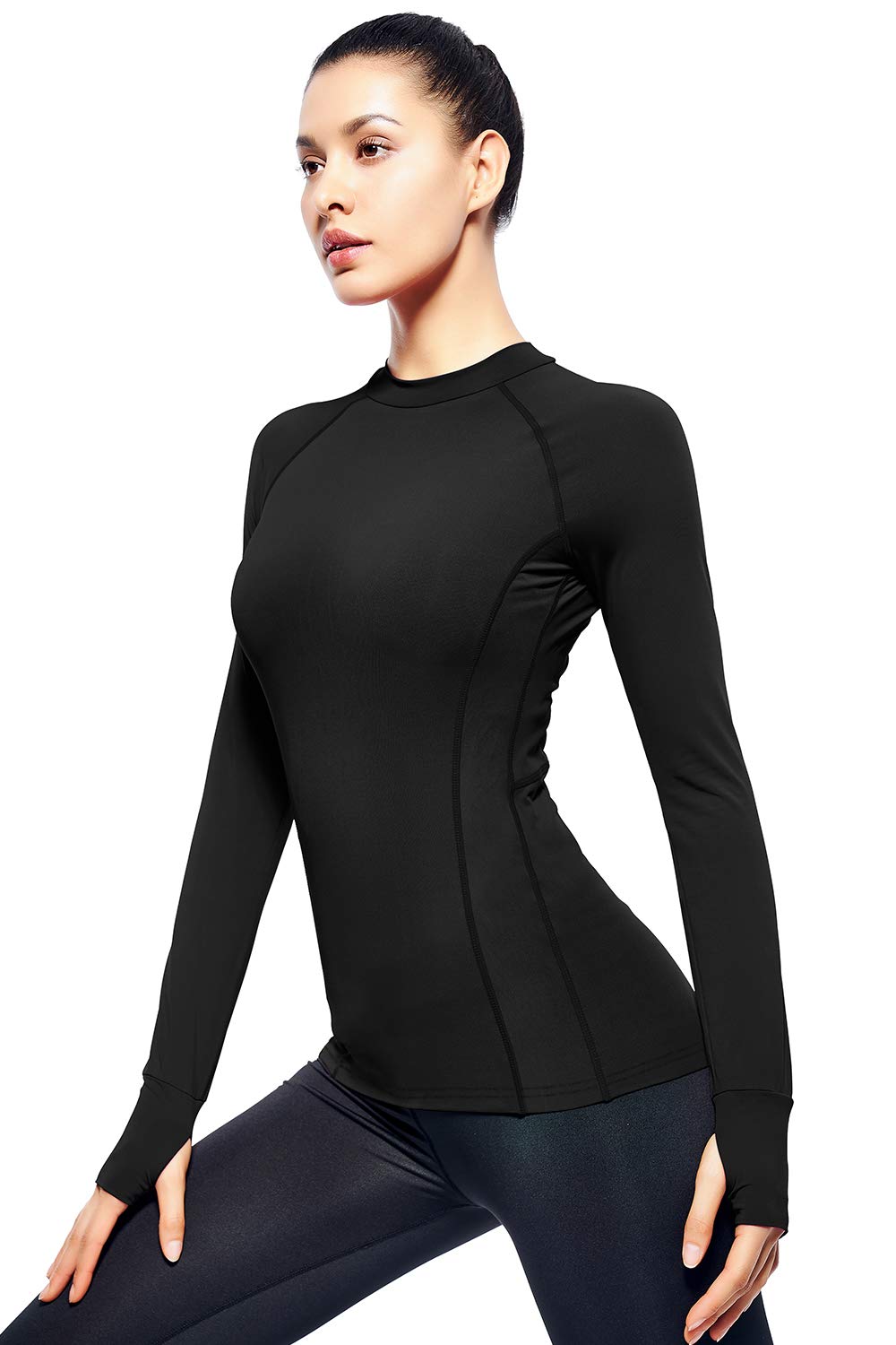 Zengjo Workout Long Sleeve Tops for Women Mock Neck Running Shirts with Thumb Holes(Black,S)