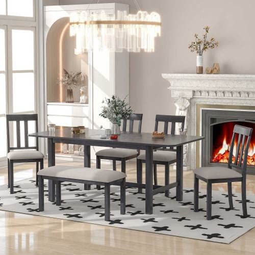 TREXM Six-Person Rubber Wood & MDF Boards Dining Table Set Four Chairs A Bench Adjustable Table Length with Hidden Flip Leaves (Gray)