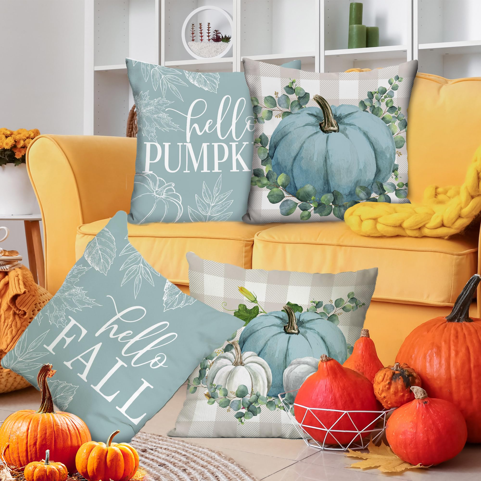 Thanksgiving Decorations Lighted Blue Pumpkin Thanksgiving Fall Pillow Covers 18x18, LED Blue Fall Decor Light up, Farmhouse Decorative Pillow Cover Set 4, Home Decor for Indoor Couch (Aqua/Teal)
