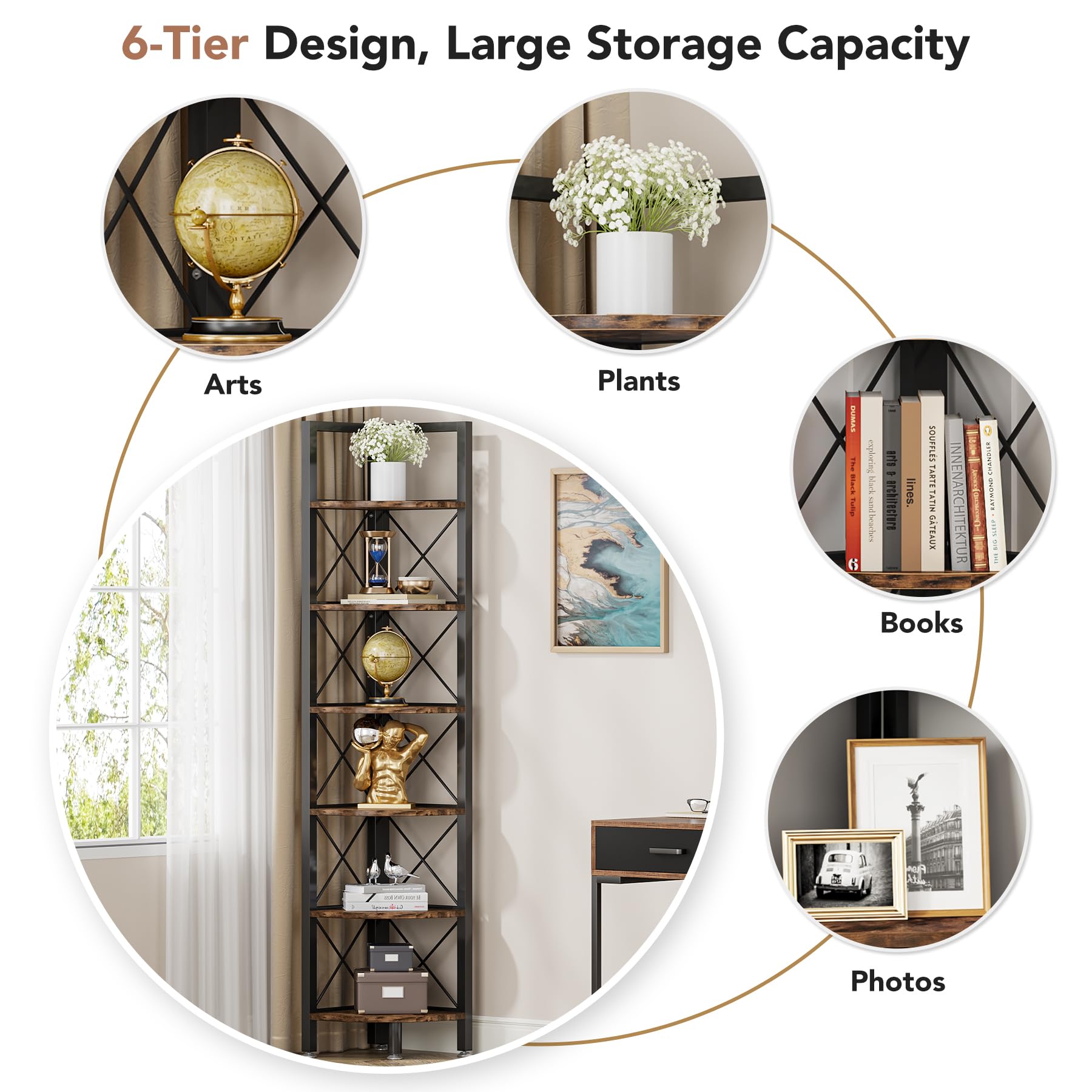 Tribesigns 5 Tier Corner Shelf, Rustic Corner Bookshelf Small Bookcase Corner Storage Rack Plant Stand for Living Room, Home Office, Kitchen, Small Space
