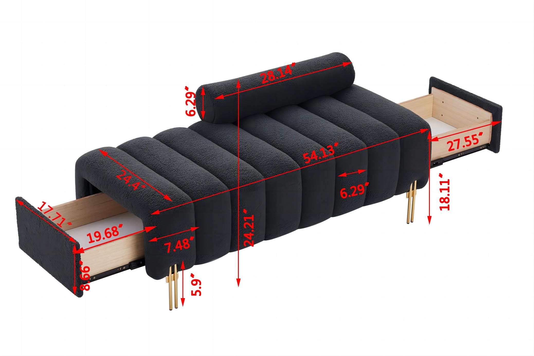WEI WEI GLOBAL Footstool Sofa - Upholstered Ottoman with Storage Compartments - Channel Tufted Storage Bench with Metal Trestle Legs - Footrest Ottoman with 2 Pull Out Drawers and Backrest - Beige
