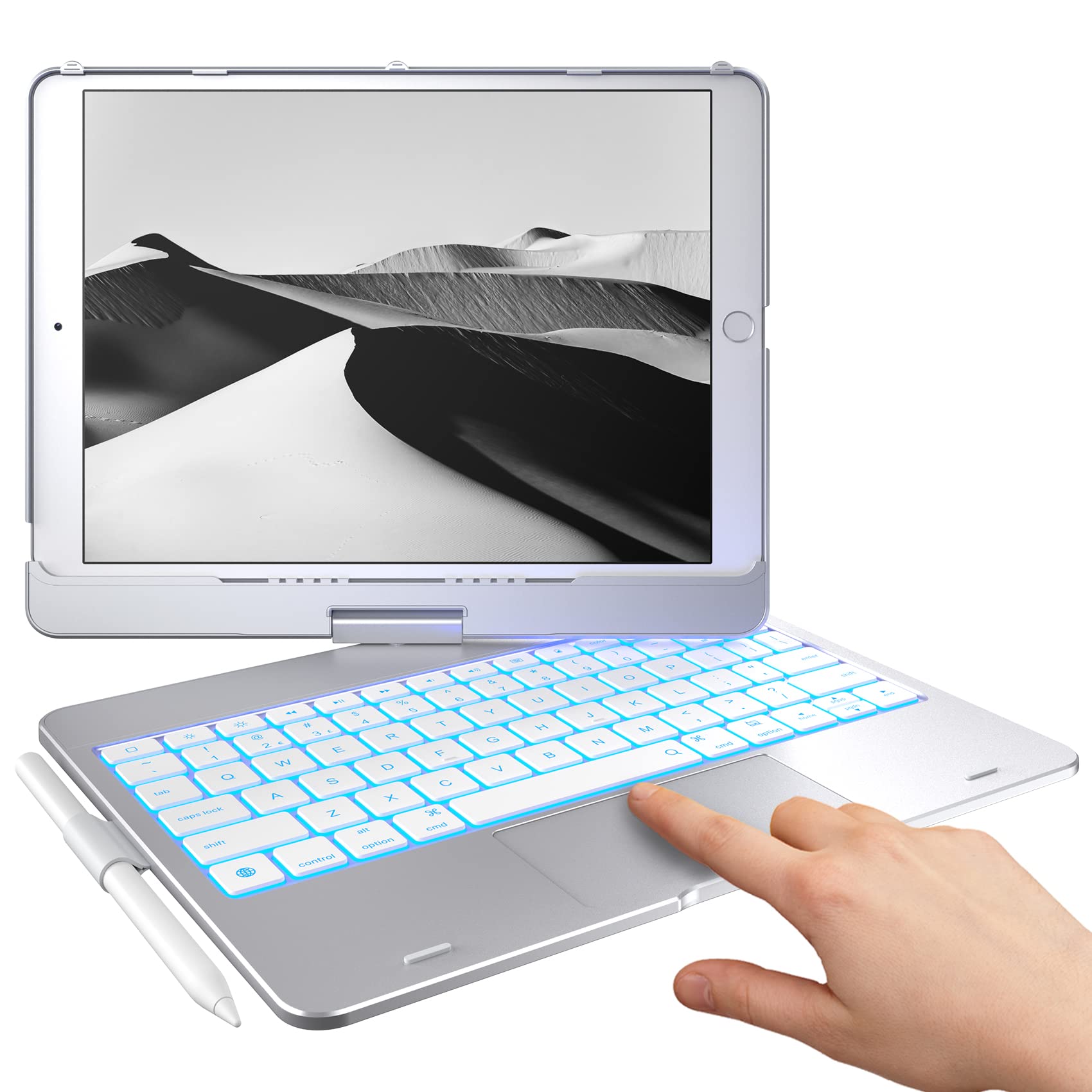 typecase Touch Case with Keyboard for iPad 9th Generation (10.2", 2021), Multi-Touch Trackpad, 10 Color Backlight, 360, Thin & Light - iPad 8th Gen (2020), 7th Gen (2019), Air 3, Pro 10.5 (Silver)