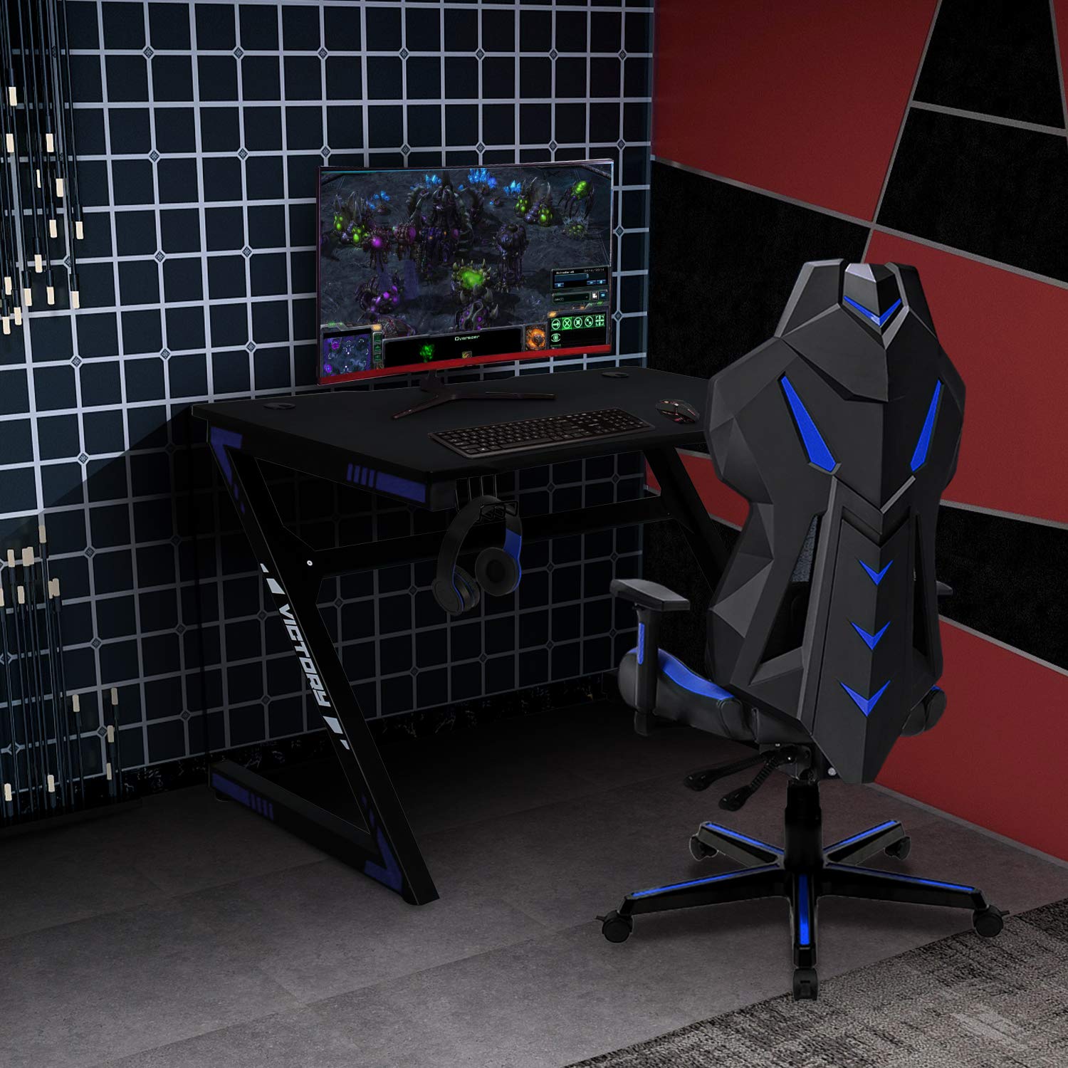 YIGOBUY Computer Gaming Desk with Large Carbon Fiber Surface Cup Holder & Headphone Hook for Home or Office, Gaming PC Desk Table(Black and Blue)