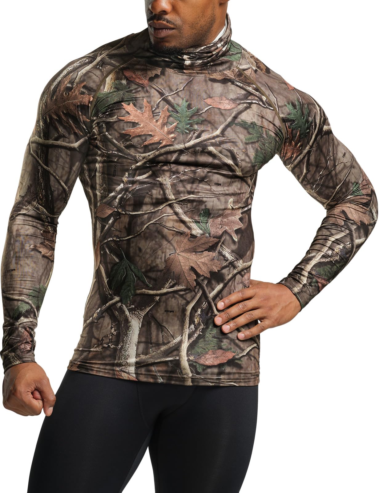 TSLA Men's Thermal Long Sleeve Compression Shirts, Mock/Turtleneck Winter Sports Running Base Layer Top, Heatlock Face Mask Print Hunting Camo, X-Large