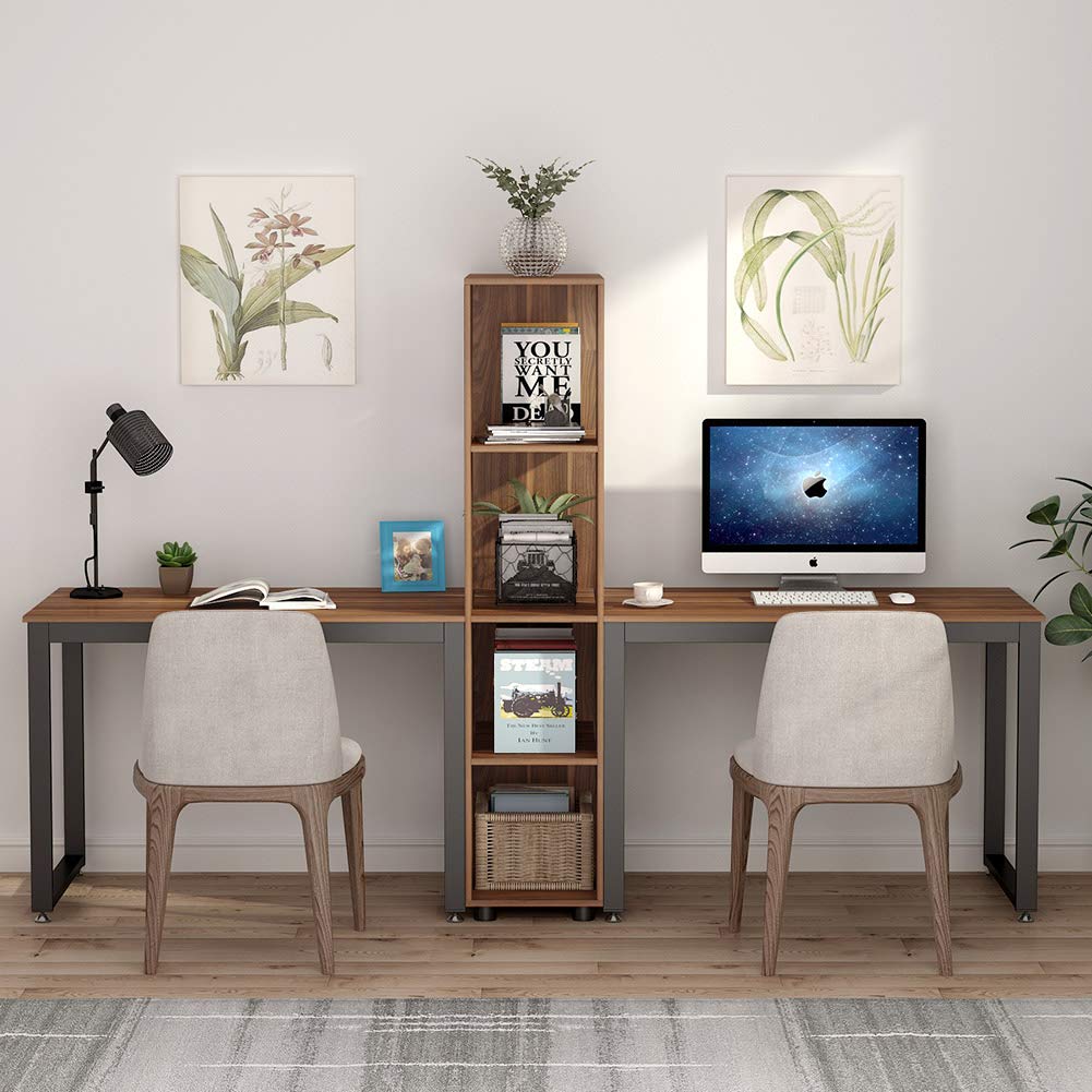 Tribesigns 91 inch Two Person Desk with Storage Shelves, Extra Long Double Desk with Bookshelf, 2 Person Computer Desk Double Workstation Desk for Home Office (Dark Walnut)