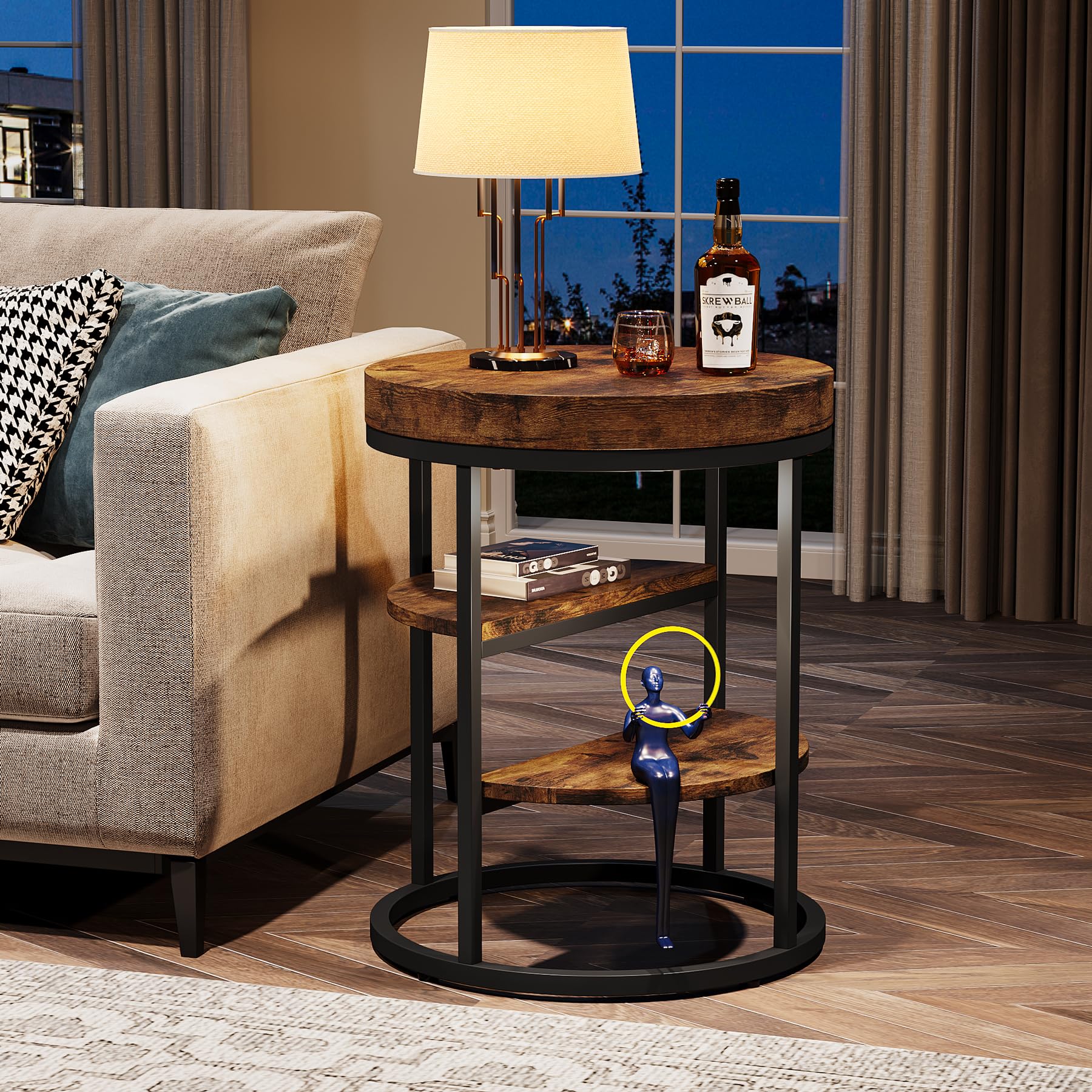 Tribesigns Round End Table, Small End Table with 3 Storage Shelves, Wood Side Table for Small Spaces, Industrial Sofa Side Table for Living Room, Rustic Brown Nightstand and Bedside Table for Bedroom
