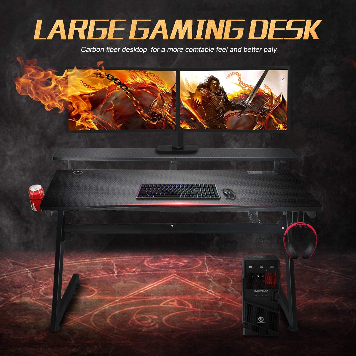 YIGOBUY Large Gaming Desk 55 Inch Computer Gaming Desk E-Sports Racing Table with with Cup Holder, Headphone Hook for Home Office, Black